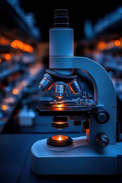 Science Microscope Standing On A Table In The Lab Medical Room With A