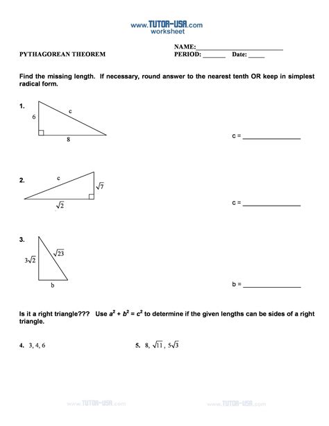 Pythagoras Theorem Worksheet With Answers E Streetlight