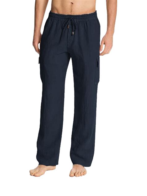 Mens Drawstring Cotton Linen Pants Solid Color Elastic Waist Relaxed