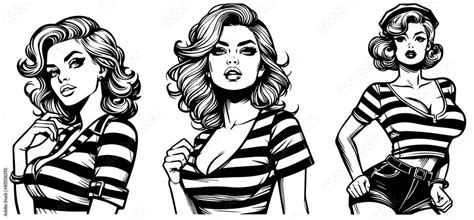 Prisoner Pinup Woman Retro Style Black Vector Nocolor Silhouette Pin