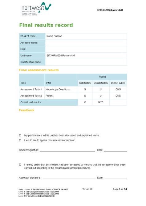 Sitxhrm 008 Student Assessment Tasks Version 1 Final Results Record