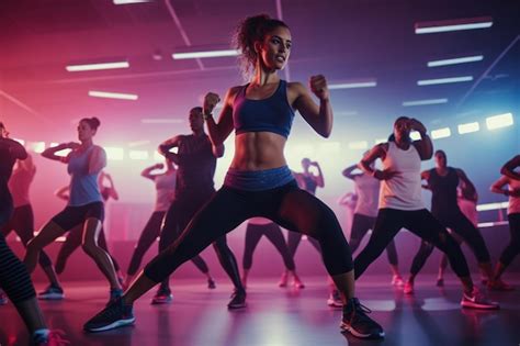 Workout scene fitness enthusiasts diving deep into intense training bathed in dynamic lighting ...
