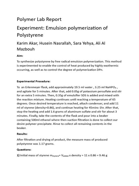 Experiment 1 Emulsion Polymerization Of Polystyrene Download Free Pdf