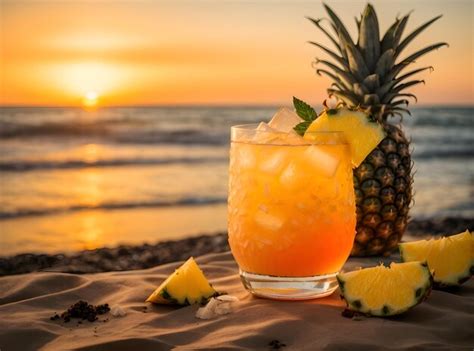 Tropical Mocktail Cocktail At Sunset On The Beach Premium Ai