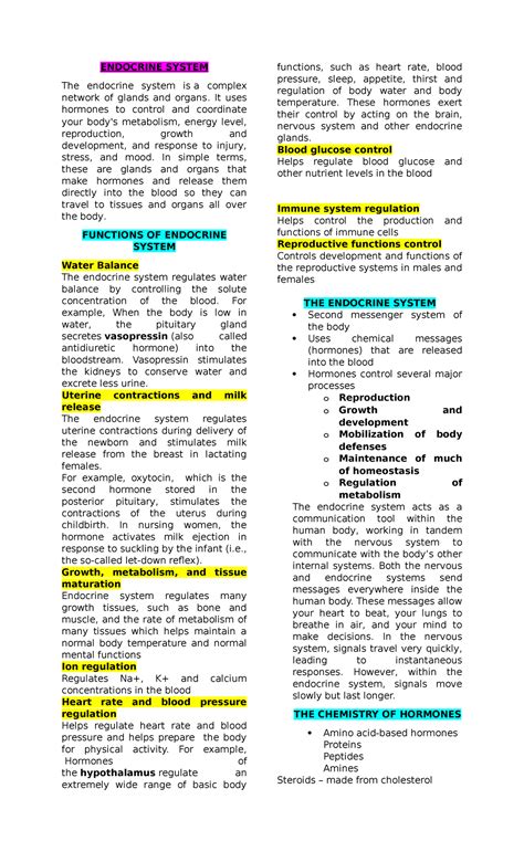 Endocrine System Summary Compilation ENDOCRINE SYSTEM The Endocrine System Is A Complex