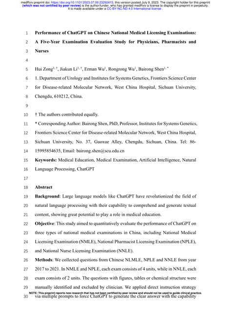 Pdf Performance Of Chatgpt On Chinese National Medical Licensing Examinations A Five Year
