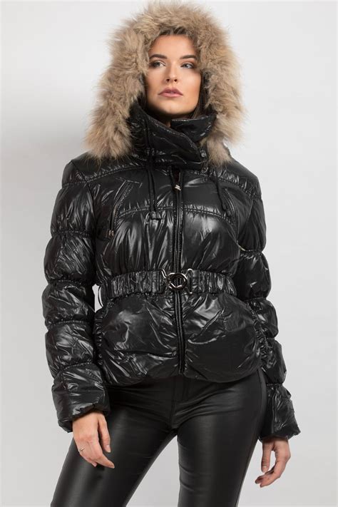 Shiny Puffer Coat With Fur Hood Belted Uk