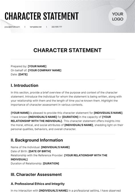 Free Character Statement Template To Edit Online