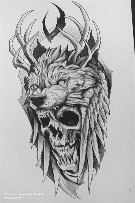 Эскиз тату череп и волк Card Tattoo Designs Wolf Tattoo Design Sketch