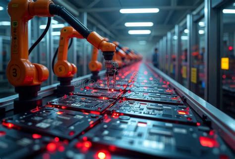 Robotic Arms Collaborating On Factory Assembly Line Generative Ai Stock Illustration