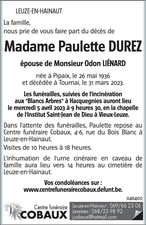 Avis De Décès De Paulette Durez Décédé Le 31032023 à Leuze En Hainaut