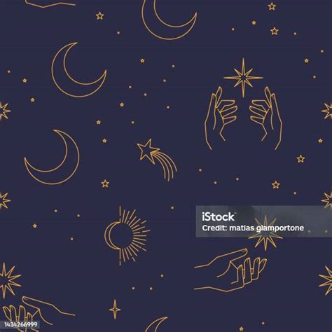 별자리가있는 완벽한 패턴 태양 달 마법의 손과 별 디자인을위한 신비로운 난해한 배경 점성술 마법의 벡터 달 하늘에 대한 스톡
