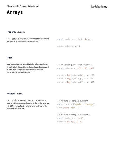 Learn Javascript Arrays Cheatsheet Codecademy Pdf Java Script