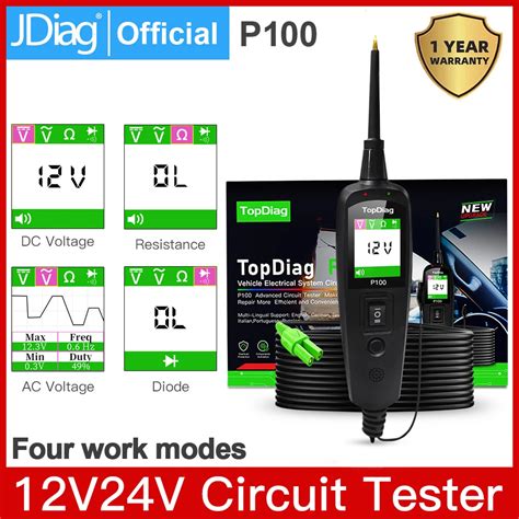 Jdiag P100 자동차 전기 회로 테스터 12v 24v 자동차 회로 테스터 내장 손전등 전기 시스템 진단 도구