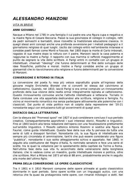 Alessandro Manzoni Riassunto Vita E Opere Appunti Di Italiano Docsity