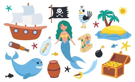 Premium Vector Set Of Pirates Flag Seagull Ship Chest Island Mermaid