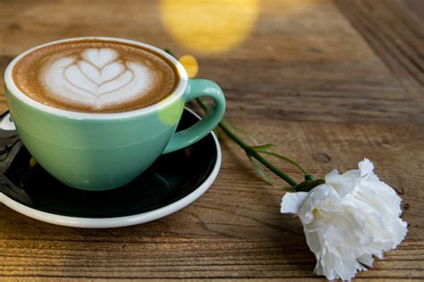 핫 모카 커피 또는 Capuchino 심장 및 나무 테이블에 흰 카네이션 꽃 가득 찬에 대한 스톡 사진 및 기타 이미지 가득