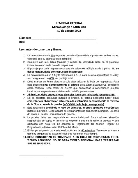Examen De Microbiología Ejercicios De Microbiología Docsity