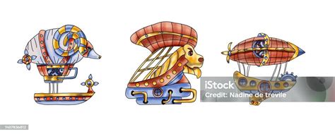 화재 표지판 양자리 레오 궁수 자리 는 수채화로 칠해져 있습니다 조디악은 스팀펑크 스타일의 비행선 아이콘 형태로 표지판을 표시합니다 스팀펑크 스타일의 점성술 요소의 조디