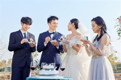 Bride And Groom Eating Cake Celebrating Outdoor Wedding Picture And Hd