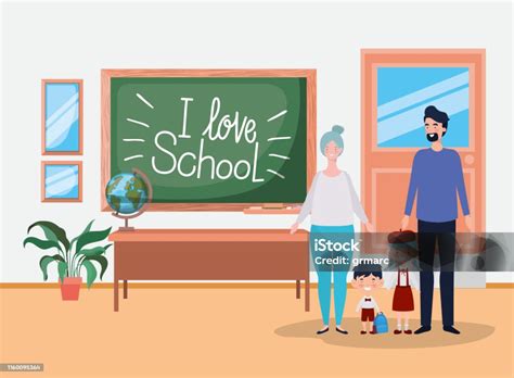 교사 부부 와 작은 학생 아이들 에 이 교실 공부에 대한 스톡 벡터 아트 및 기타 이미지 공부 교사 교육 관련 직업