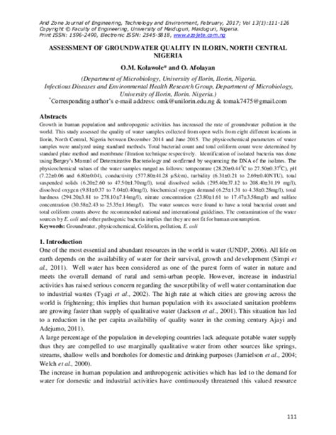 Pdf Assessment Of Groundwater Quality In Ilorin North Central Nigeria