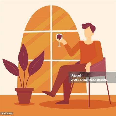 한 남자가 집에서 저녁에 창가에 앉아 와인을 마신다 가정 휴식 아늑한 집에서 시간을 보냅니다 벡터 평면 그림입니다 가정 생활에 대한 스톡 벡터 아트 및 기타 이미지 Istock