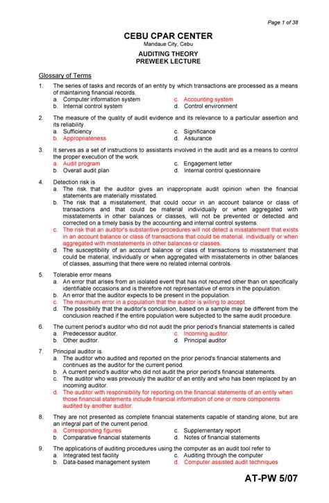 At Preboards Um Auditing Questions Cebu Cpar Center Mandaue City Cebu Auditing Theory