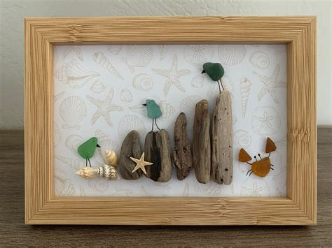 Sea Glass Beach Scene Sea Glass Birds Driftwood Art Etsy