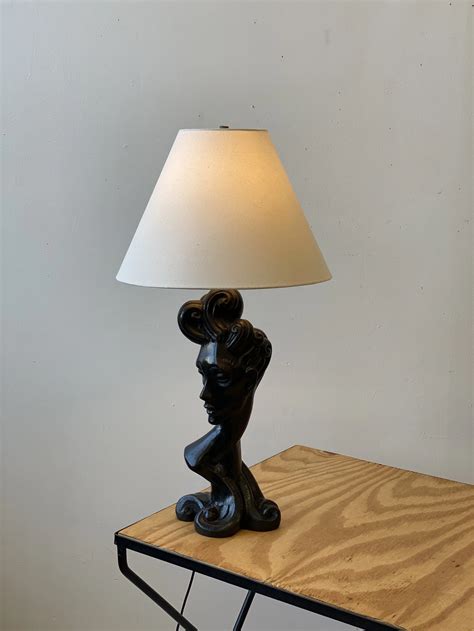 Vintage Rare Stylized Hand Carved Oak Female Bust Lamp Circa 1950s