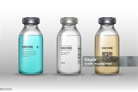 회색 백라운드에 의료 백신 병 세트 모형 백신 투명 유리 보호 코로나바이러스 및 감염 사실적인 3d 벡터 일러스트레이션 3차원 형태에 대한 스톡 벡터 아트 및 기타 이미지