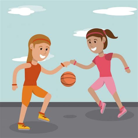 Filles De Dessin Animé Jouant Limage De Sport De Basket Ball Vecteur
