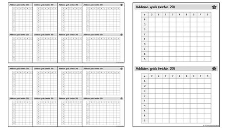 Addition Grids Within 20 Activity Primary Stars Education