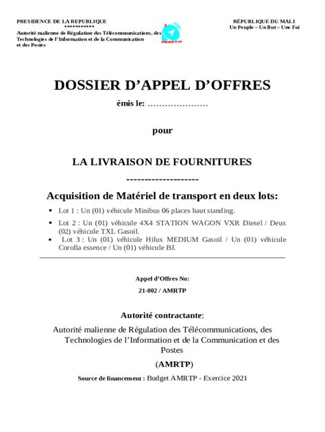 DOSSIER D APPEL D OFFRES STANDARD POUR L Doc Template PdfFiller