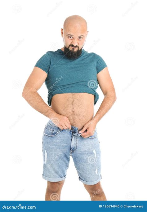 Portrait Of Overweight Man In Small Shorts Stock Photo Image Of Abdomen Care