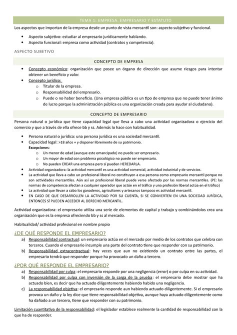 Tema 1 Apuntes T1 Empresa Empresario Y Estatuto Tema 1 Empresa