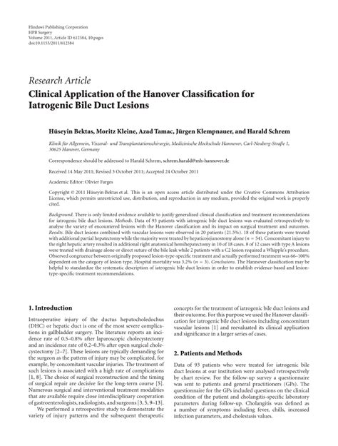 Pdf Clinical Application Of The Hanover Classification For Iatrogenic Bile Duct Lesions