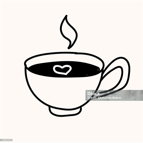 하트 낙서 스타일의 미니멀리스트 커피 컵 중앙에 작은 하트가 있는 김이 모락모락 나는 커피 컵을 그립니다 카페 디자인 메뉴 디자인 스티커 및 브랜딩 요소에 적합합니다 광고에