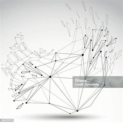 3d Vector Digital Wireframe Grayscale Object Broken Into Different Parts Stock Illustration