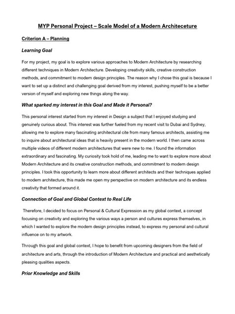 Myp Personal Project Scale Model Of A Modern House Pdf Knowledge Creativity