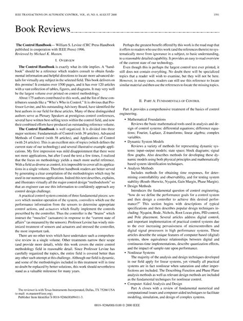 The Control Handbook Book Review Ieee Journals And Magazine Ieee Xplore