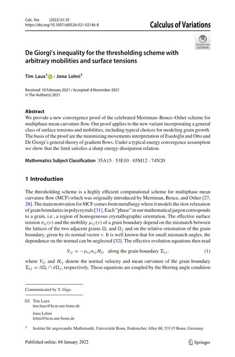 Pdf De Giorgis Inequality For The Thresholding Scheme With Arbitrary Mobilities And Surface
