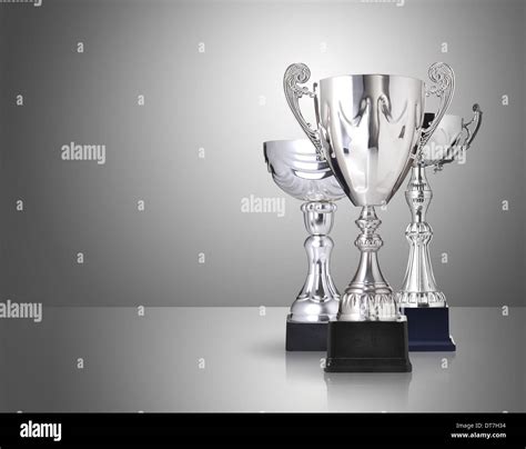 Tres Diferentes Tipos De Trofeos De Plata Sobre Fondo Gris Fotograf A De Stock Alamy