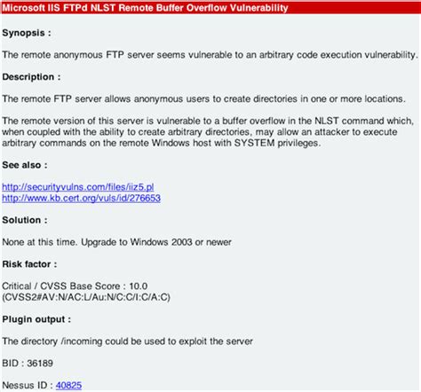 Plugin Spotlight Microsoft Iis Ftp Server Nlst Remote Buffer Overflow