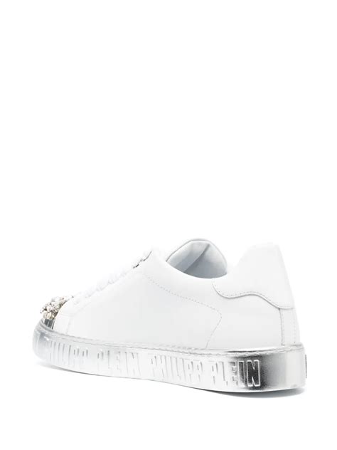 Philipp Plein Crystal Embellished Lace Up Leather Sneakers White