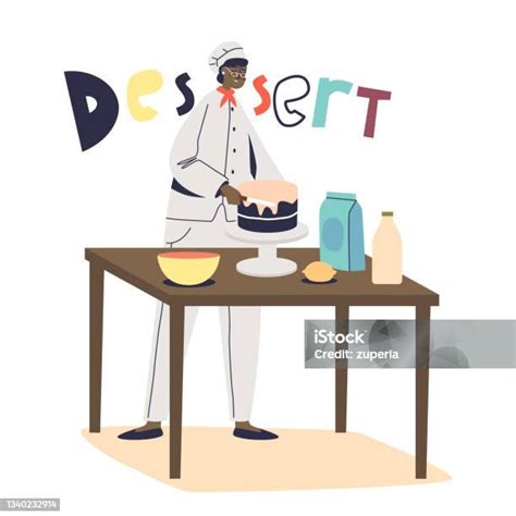 여성 요리사 요리 케이크를 만들기 레스토랑 디저트 과자를 준비하는 여성 베이커 과자 개념에 대한 스톡 벡터 아트 및 기타 이미지
