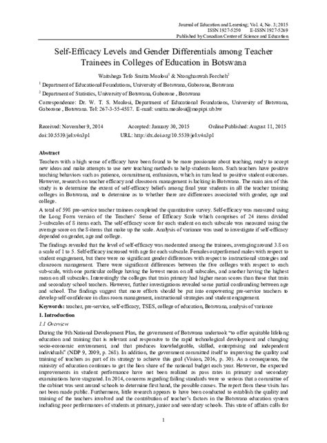 Pdf Self Efficacy Levels And Gender Differentials Among Teacher Trainees In Colleges Of