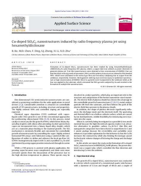 Pdf Cu Doped Sio X C Y Nanostructures Induced By Radio Frequency Plasma Jet Using