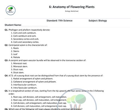 Structure Of Flowering Plants Pdf Worksheet Answers