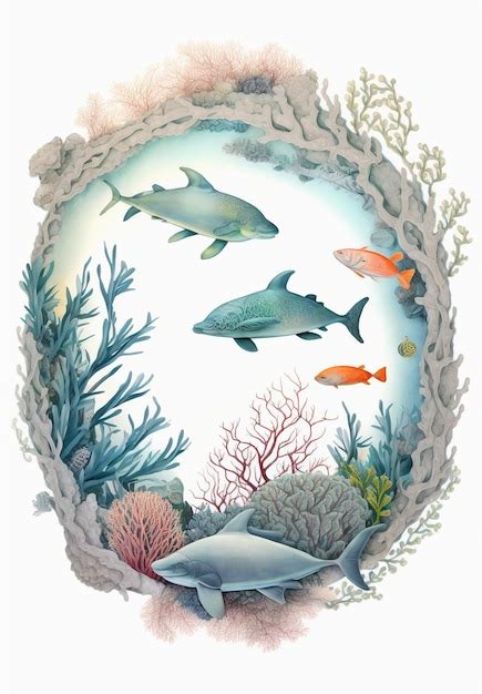 세계 해양의 날 수중 바다 돌고래 상어 산호 바다 식물 가오리와 거북이 Ai Gen 프리미엄 사진